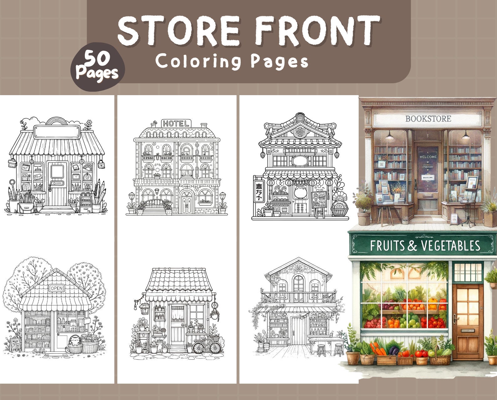 Storefronts Coloring Pages, Easy to Color,for Adults & Kids , Printable ...