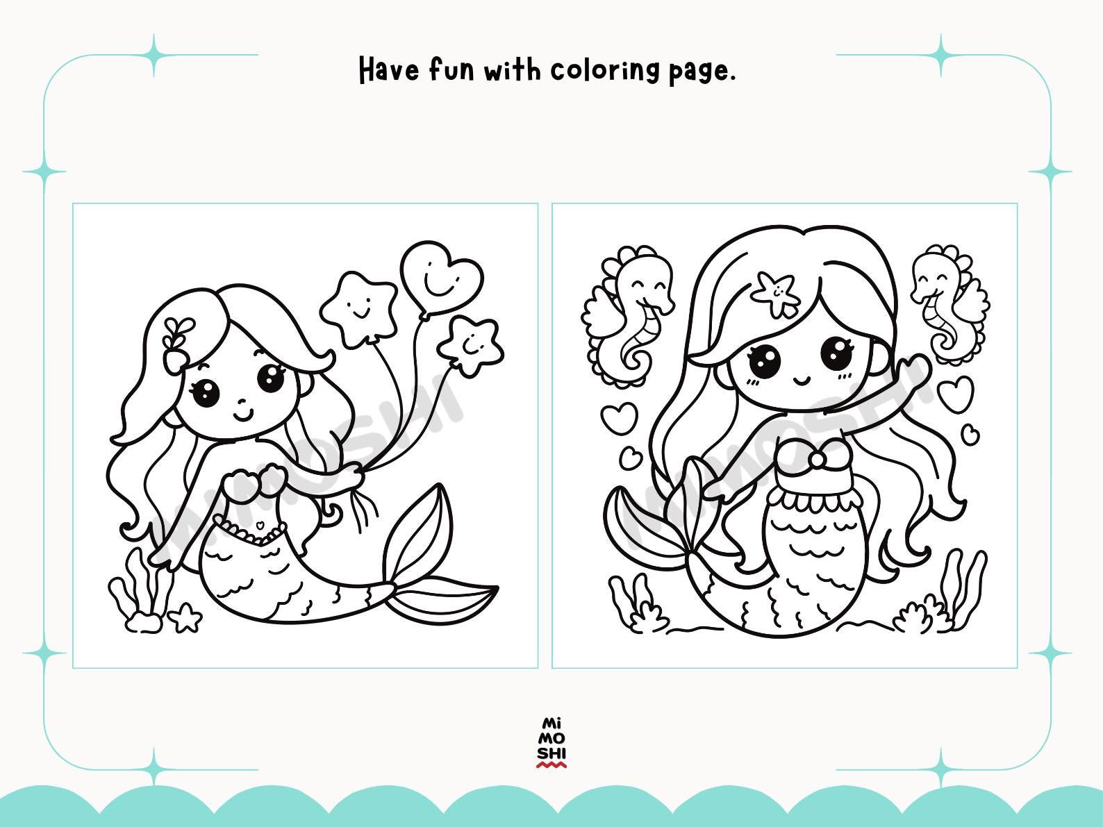 Cute Mermaid Coloring Pages | Printable Under the Sea Art Kawaii Ocean ...