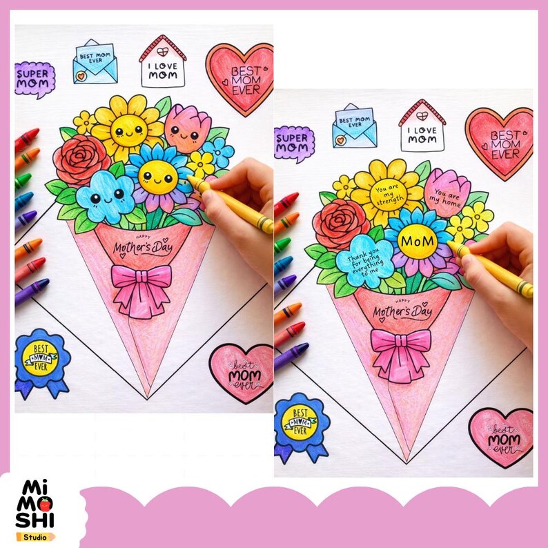 Mother’s Day Flower Bouquet Craft Printable, Kids Coloring Card, DIY ...