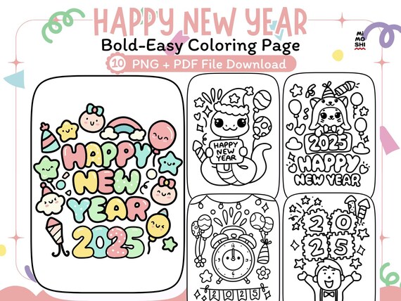 Simple Happy New Year 2025 Coloring Pages