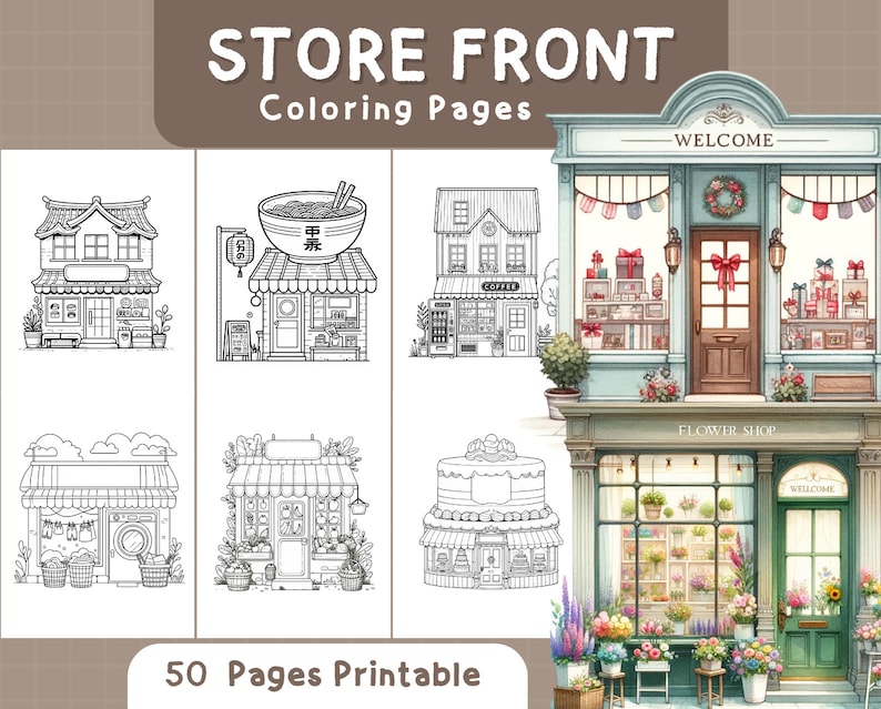 Storefronts Coloring Pages, Easy to Color,for Adults & Kids , Printable ...