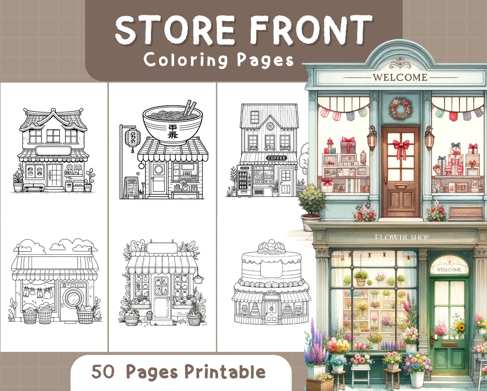 Storefronts Coloring Pages, Easy to Color,for Adults & Kids , Printable ...