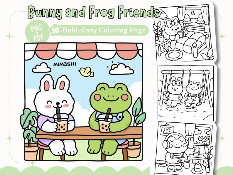 Cute Bunny and Frog Coloring Page – Kawaii Boba Tea Friends – Printable ...