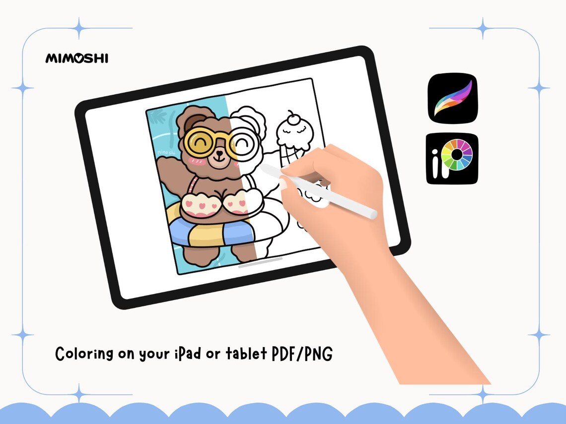 Summer Coloring Pages | Cute Bear, Beach Fun (PNG+PDF Download) - Etsy