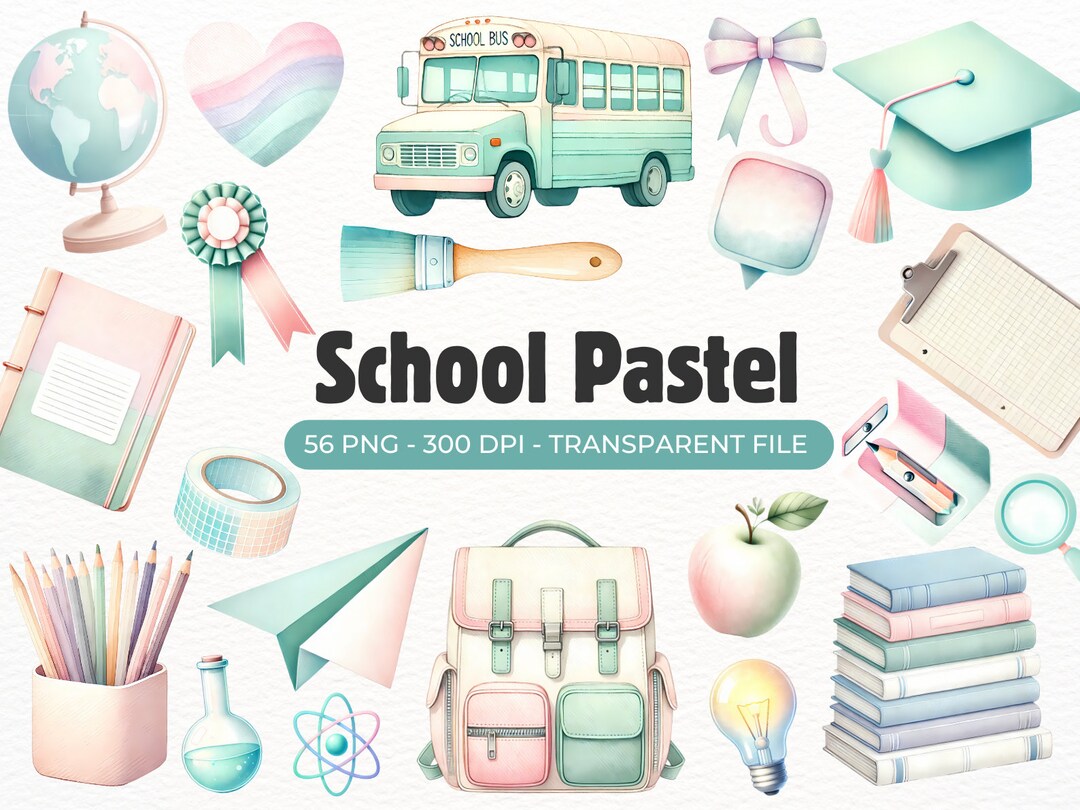 Pastel School Clipart Bundle: Watercolor PNG Graphics (digital Download ...