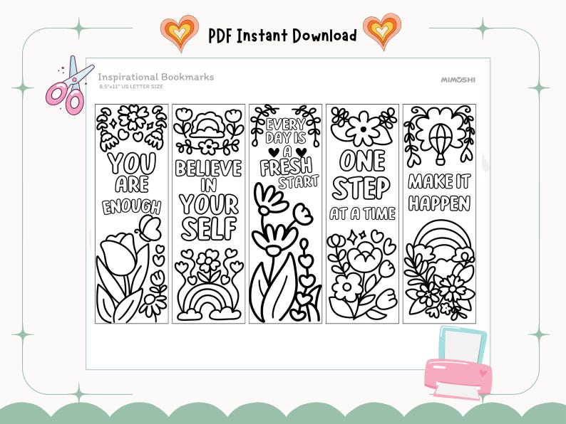 Inspirational Coloring Bookmarks: Minimal Boho Floral Quotes (PNG + PDF ...