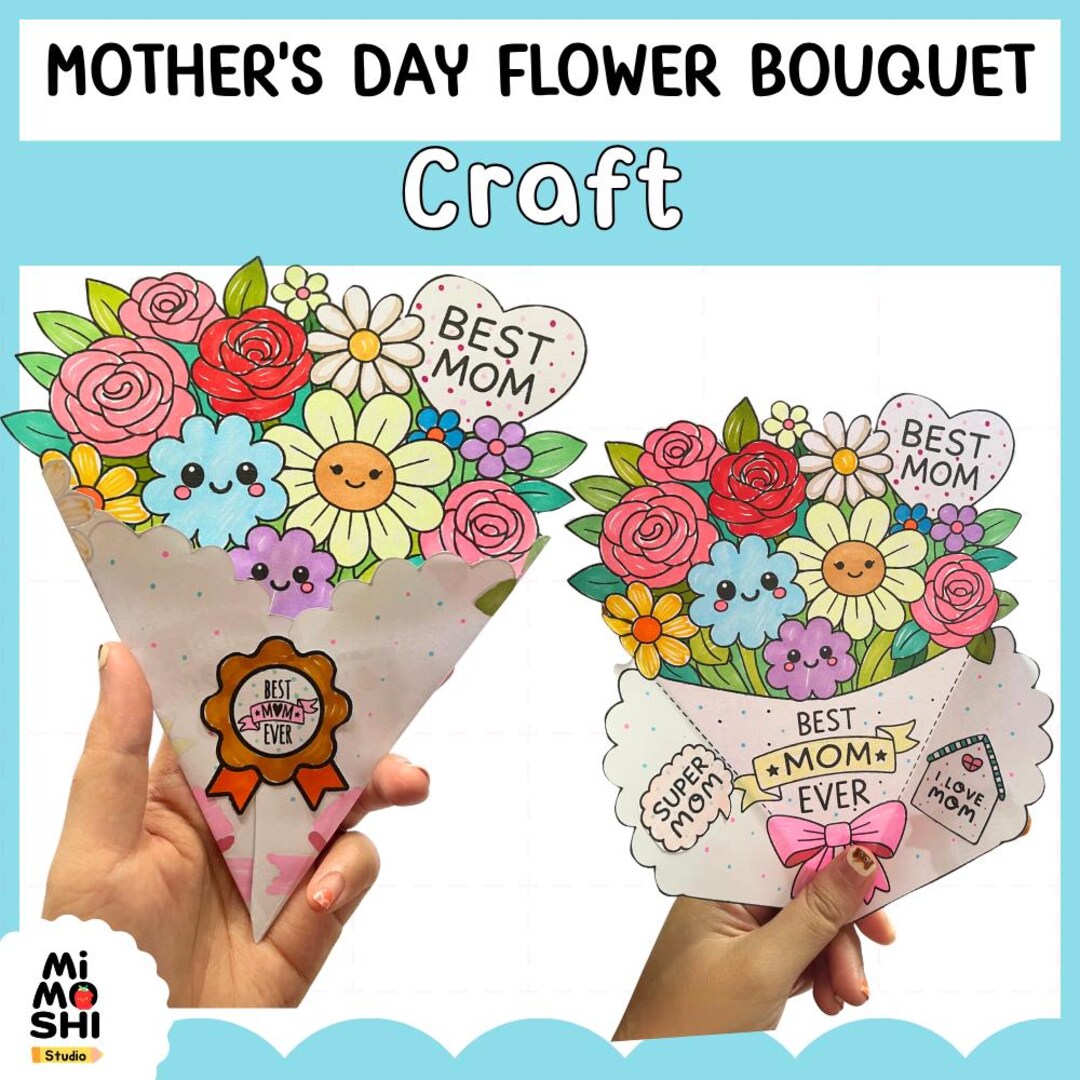 Mother’s Day Flower Bouquet Craft Printable, Kids Coloring Card, DIY ...