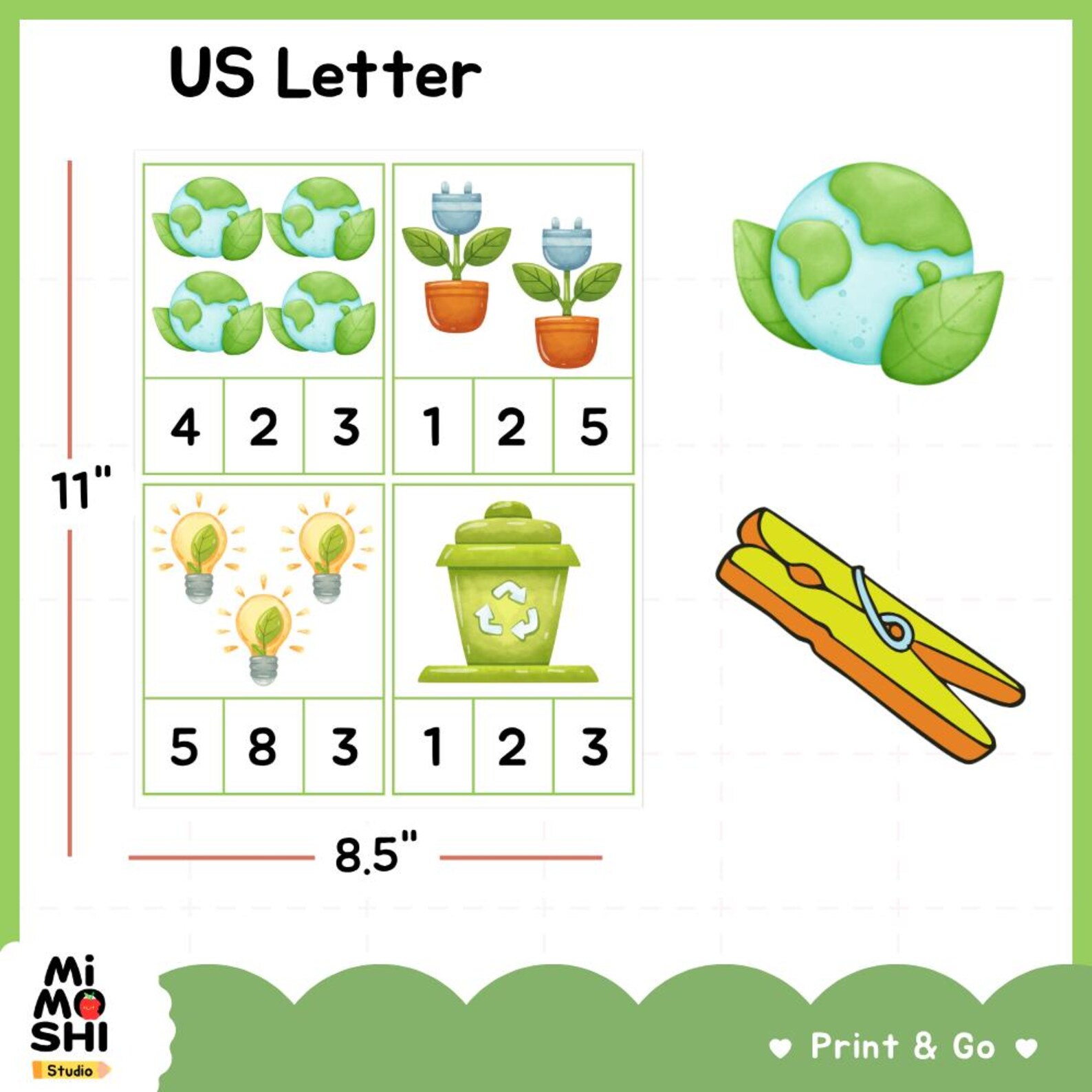 Earth Day Count and Clip Cards Printable, Preschool Math Activity ...