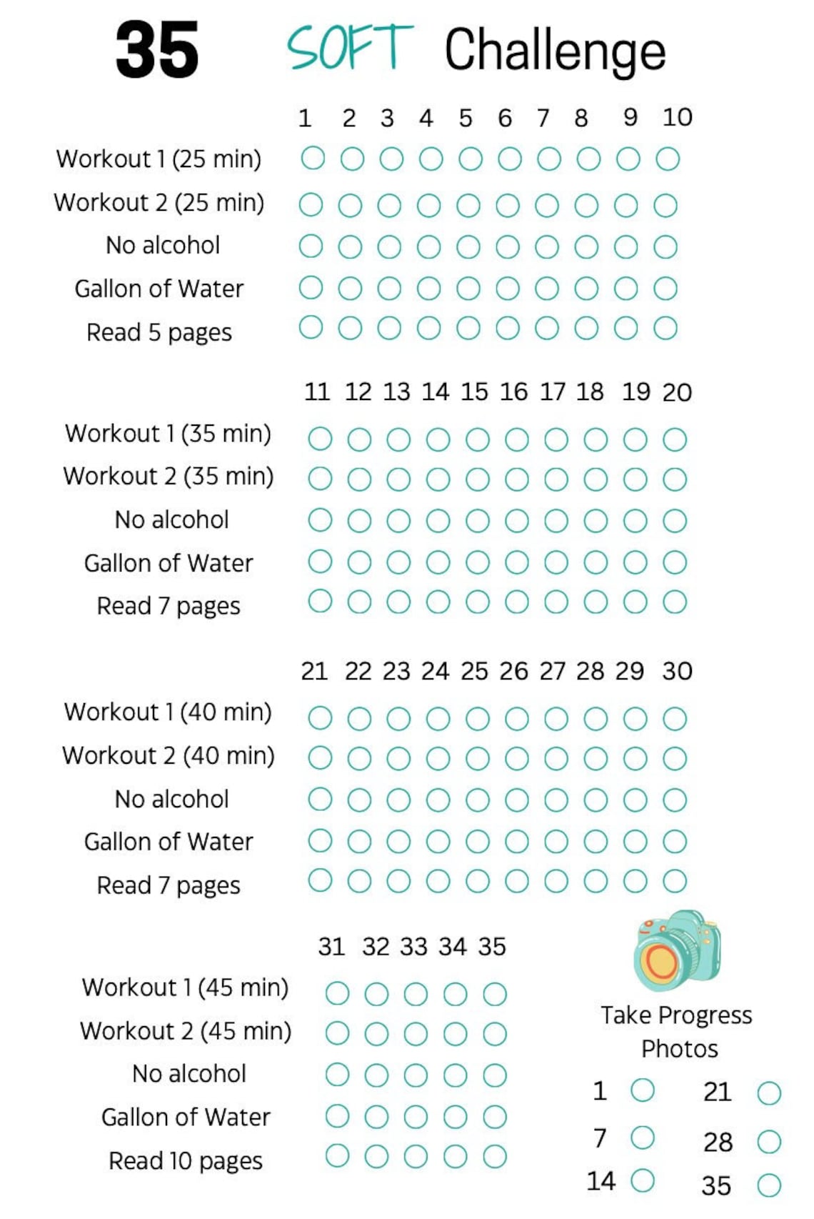 35 Soft Challenge Tracker, 35 Day Challenge Printable, Fitness Journal ...