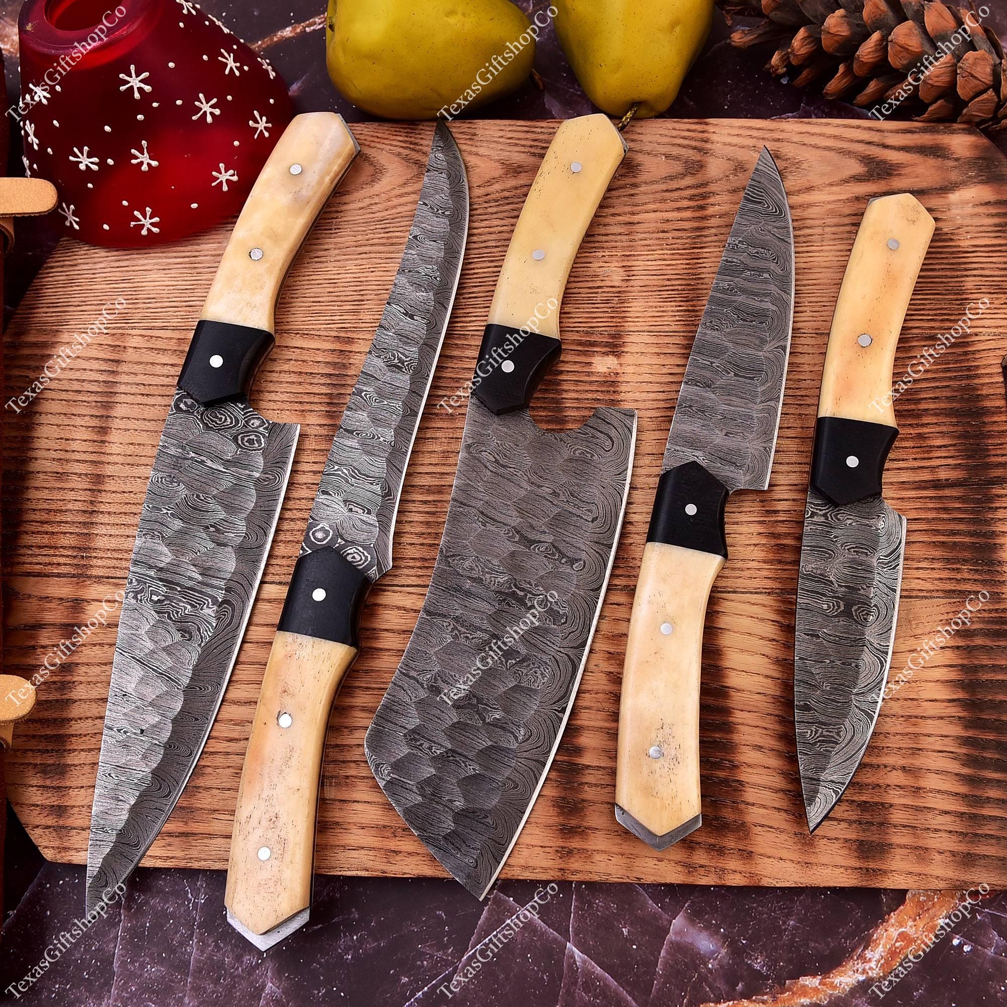 Hand Forged Damascus Chef Set, Handmade Kitchen Knife, Damascus Chef ...