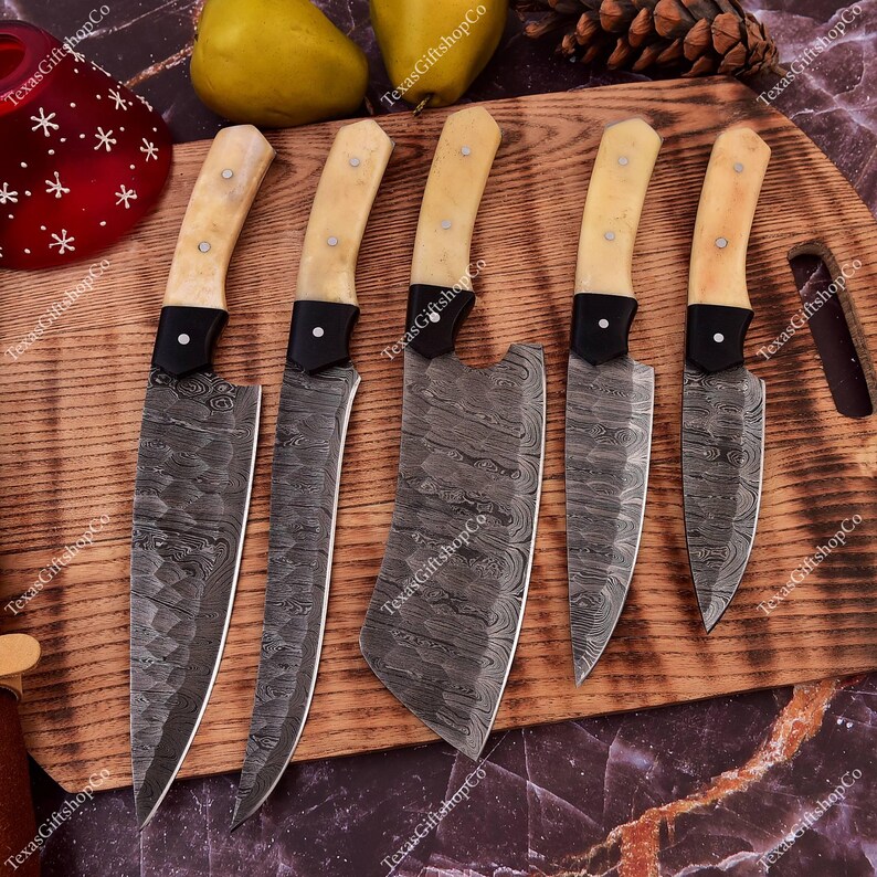 Hand Forged Damascus Chef Set, Handmade Kitchen Knife, Damascus Chef ...