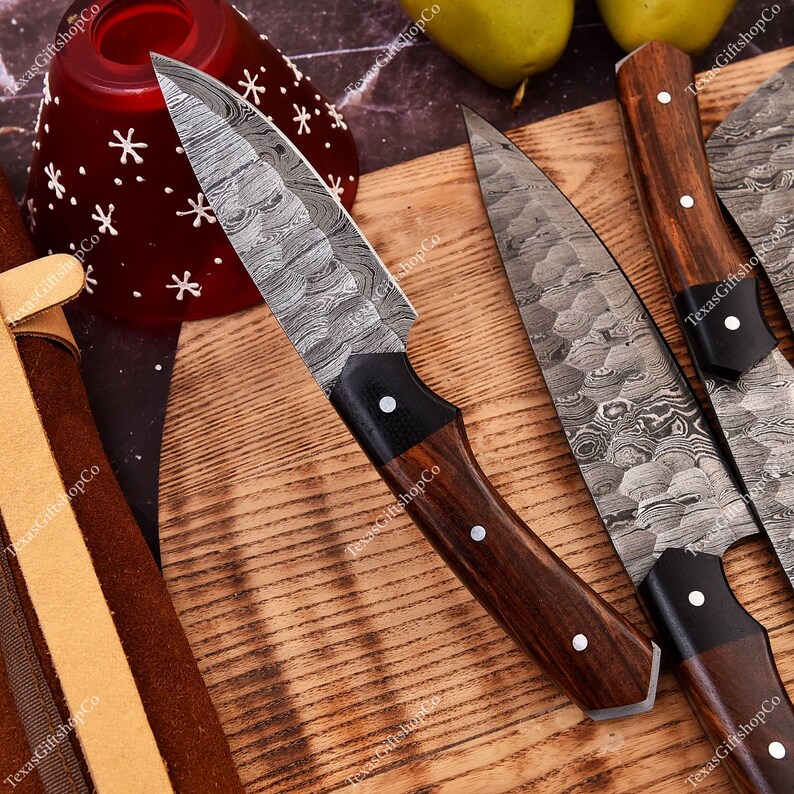 Hand Forged Damascus Chef Set, Handmade Kitchen Knife, Damascus Chef ...