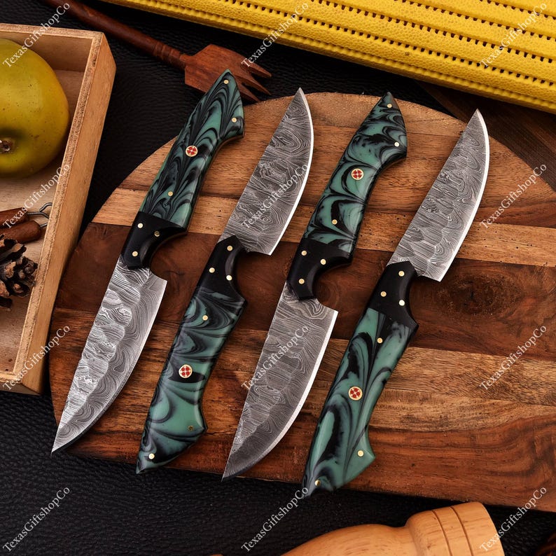 Handmade Damascus Steel Steak Knives Set, Kitchen Knives, Damascus Chef Set, BBQ Chef Set, Hand ...