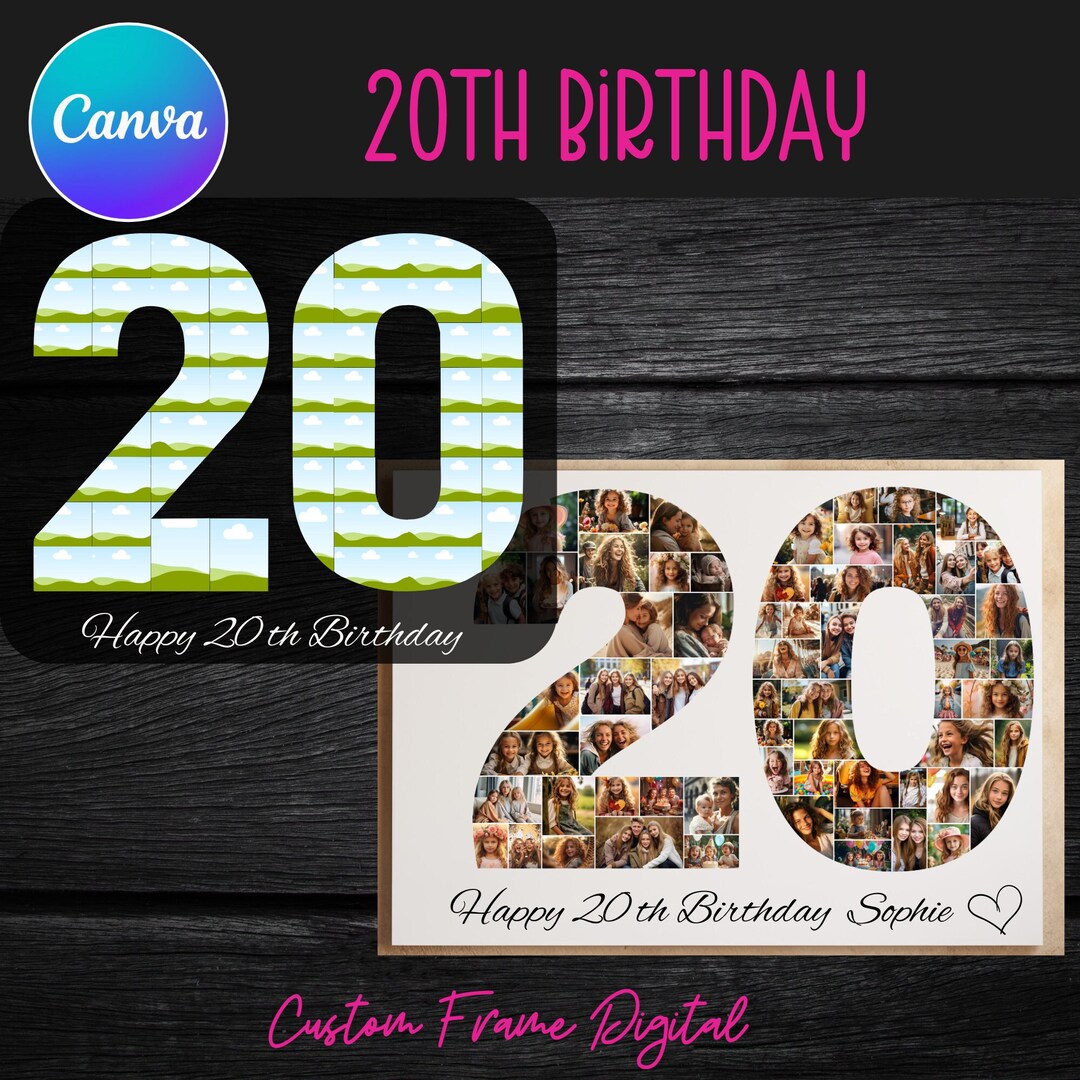 20th Birthday Photo Collage Template, Canva Frame Printable 20th ...