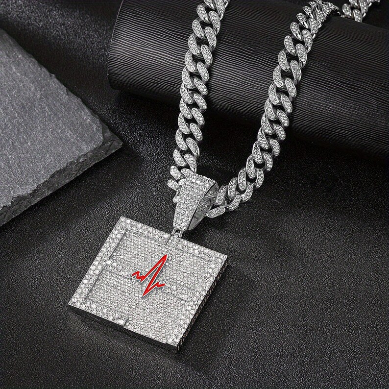 Men's Set Lifeline Pulse Heartbeat Charm Pendant Necklace Full ...