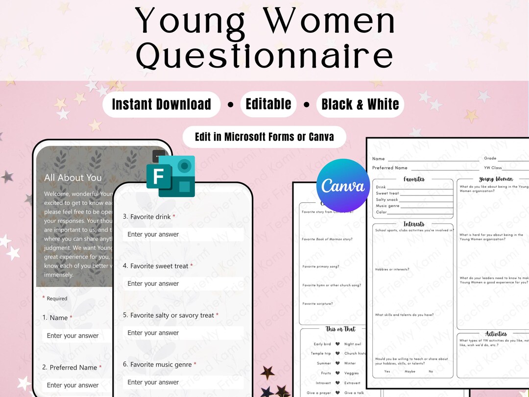 Young Women Questionnaire | Young Women Info Sheet | Young Womens ...