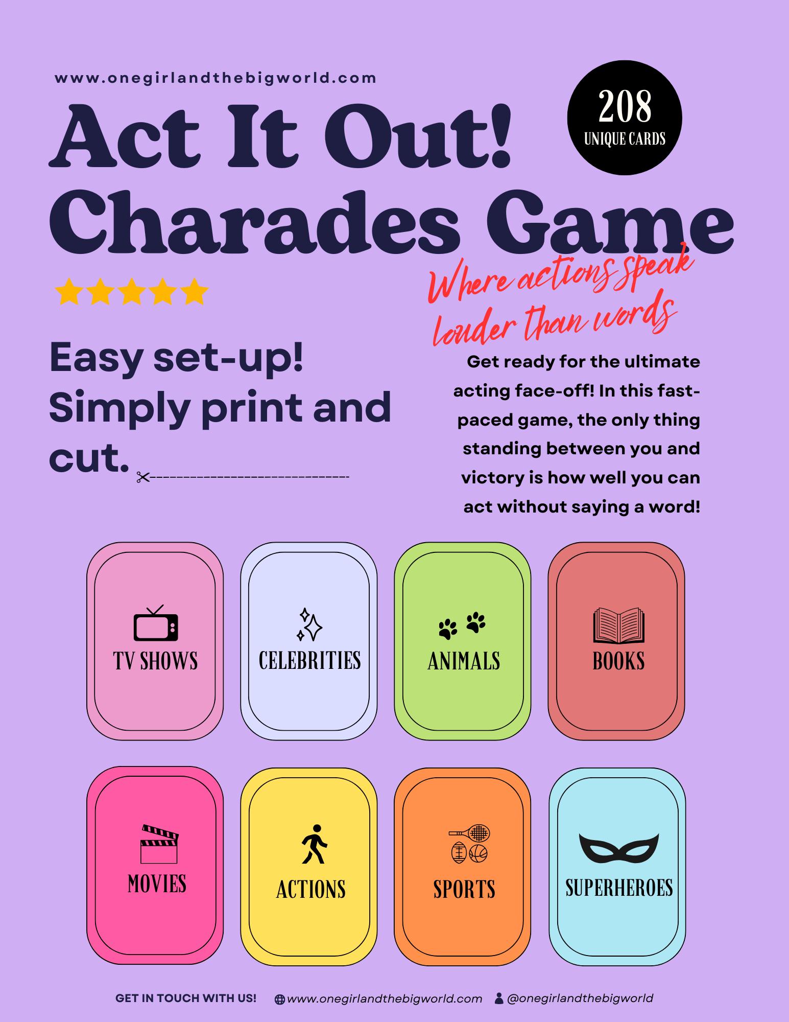 Act It Out! Charades Party Game | 208 Unique Printable Cards | Fun ...