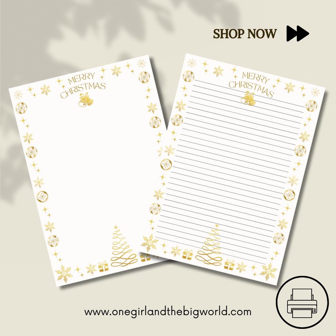 Christmas Tree Golden Letterhead (stationary Unlined and Lined Paper ...