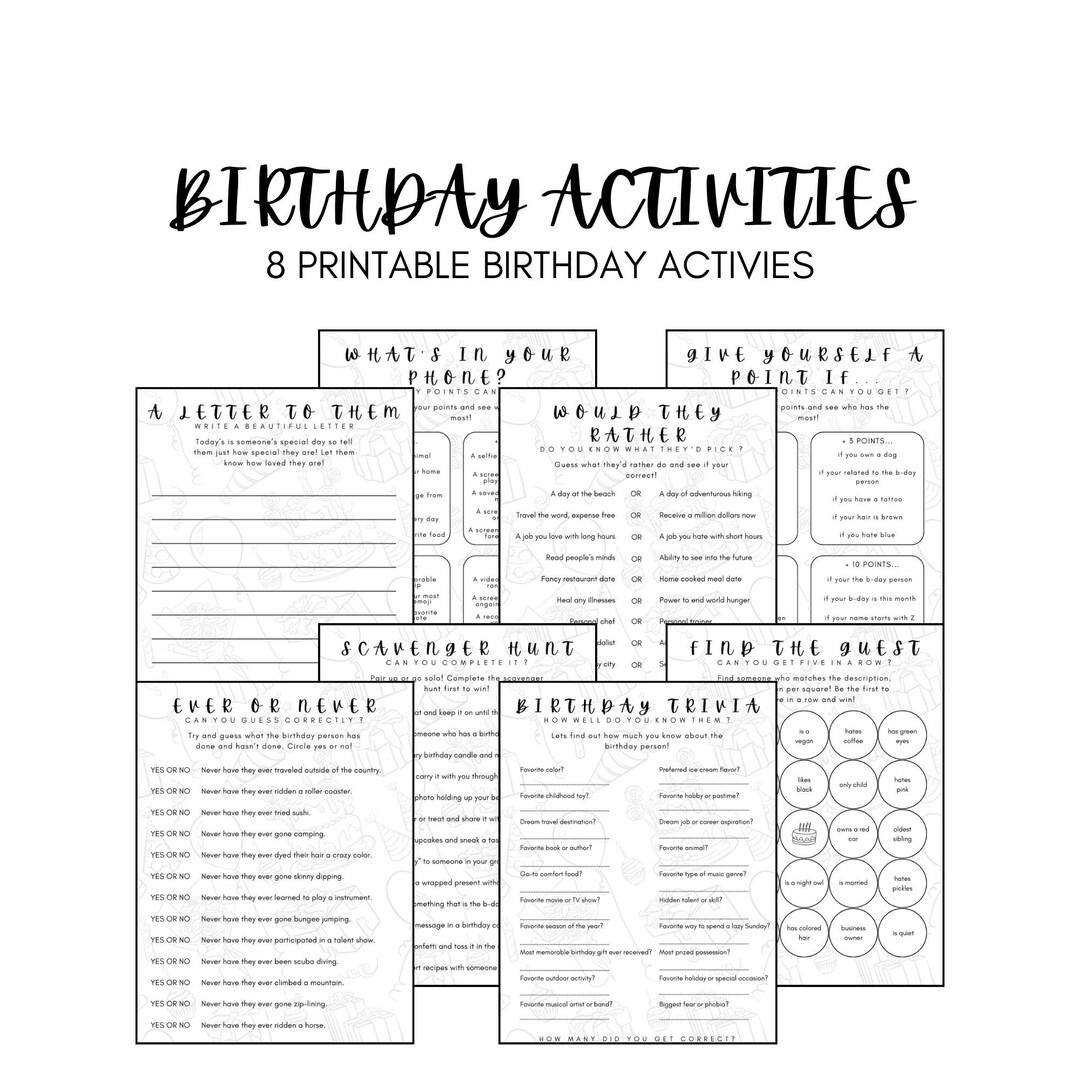 8 Printable Birthday Activities Fun Party Games Birthday Printables DIY ...