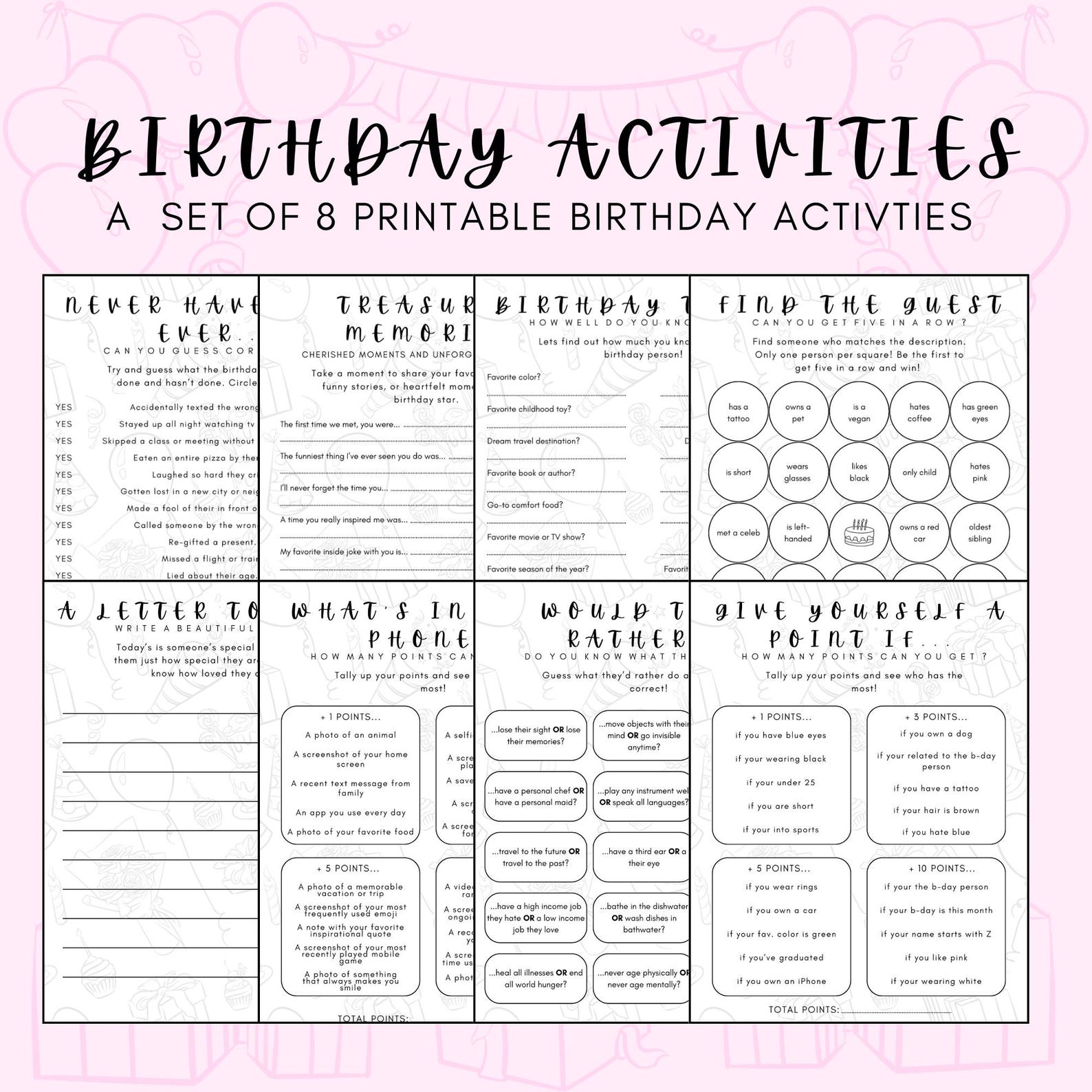 8 Printable Birthday Activities Set | Party Games | Birthday Printables ...