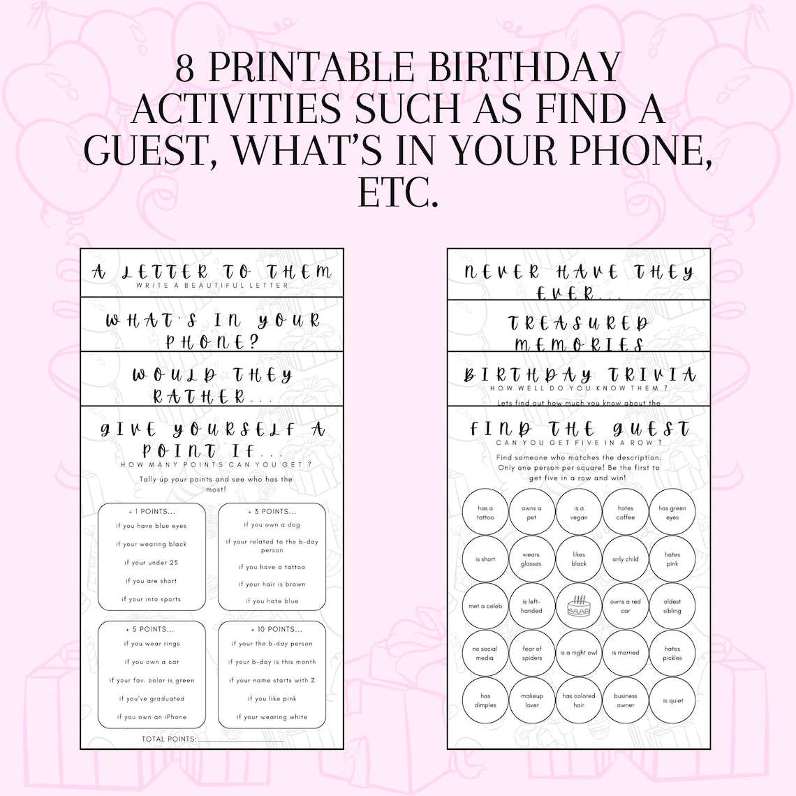 8 Printable Birthday Activities Set | Party Games | Birthday Printables ...