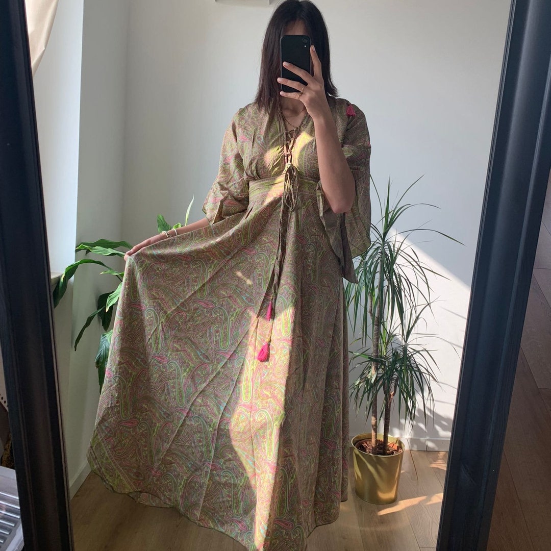 Long Indian Silk Dress - Green and Pink Color Dress - Women's Summer Dress - Long Kaftan - Women ...