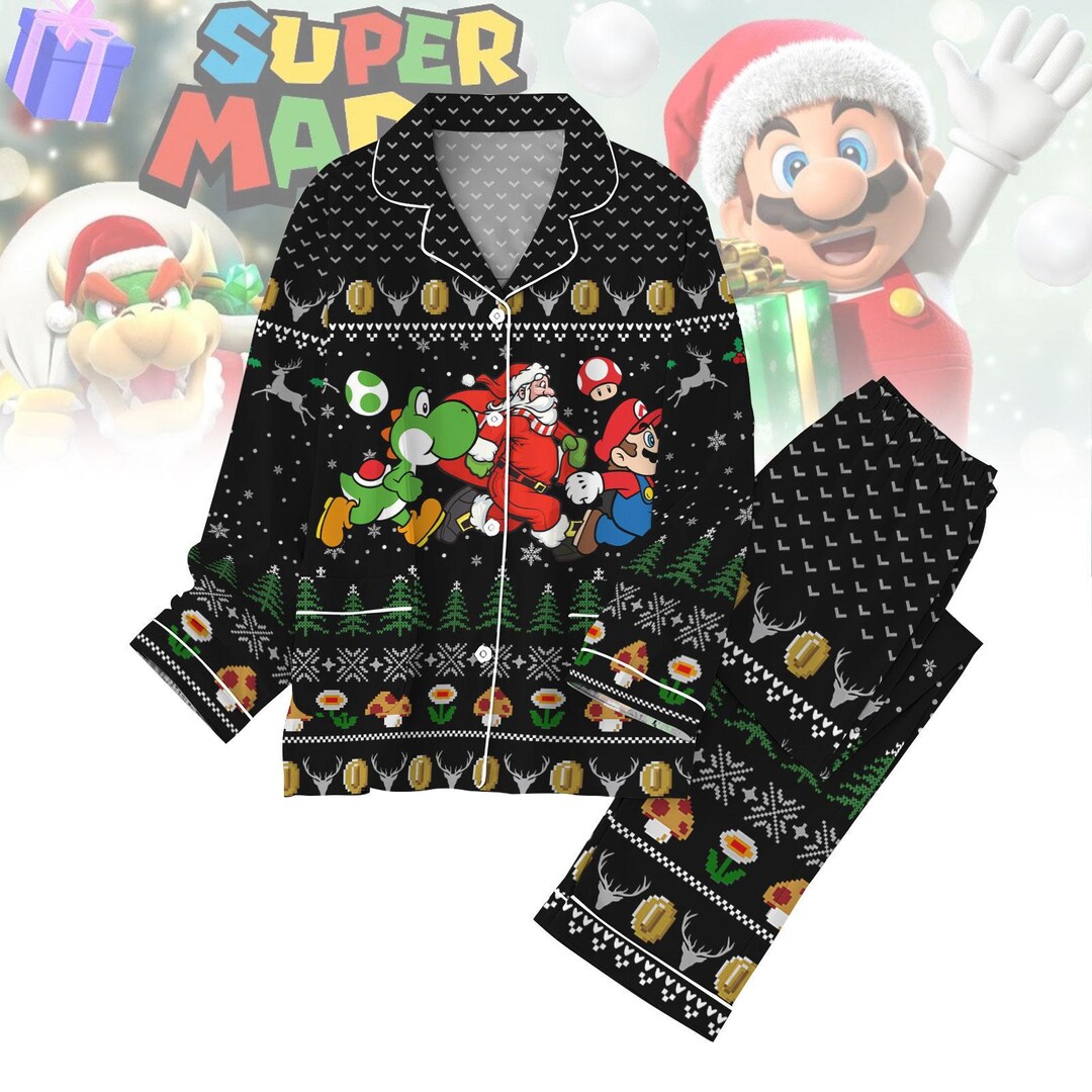 Mario Bros Christmas Pajamas Set, Mario Luigi Yoshi Santa Hat Xmas ...