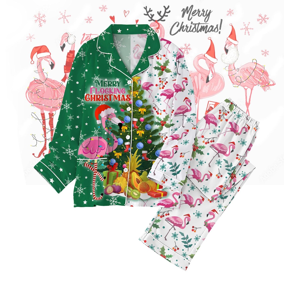 Christmas Flamingo Pajamas Set, Flamingo Lights Trees Santa Tshirt ...