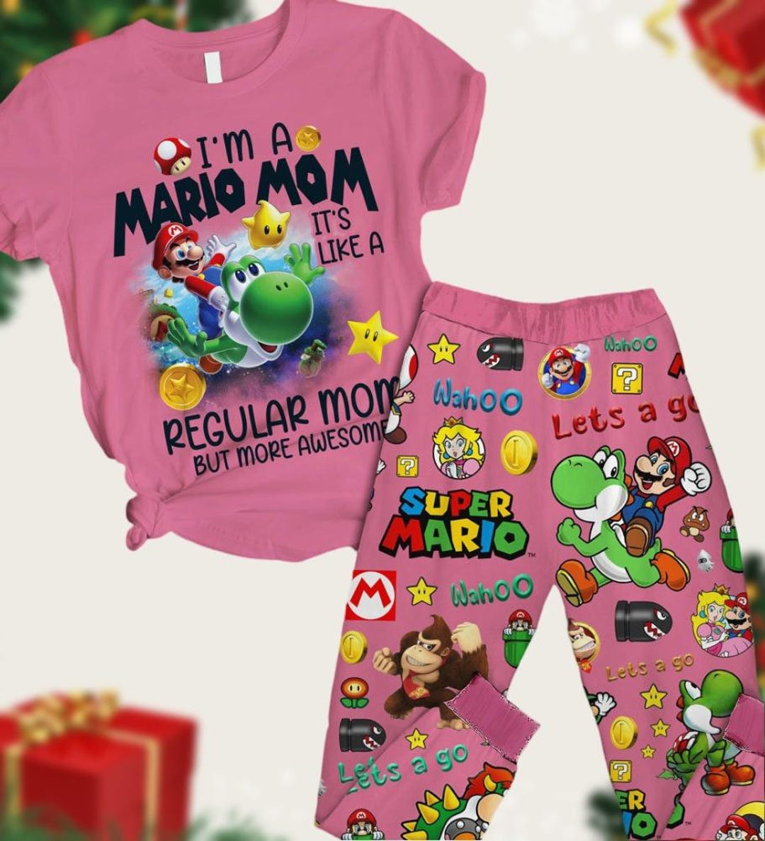 Super Mario Christmas Pajamas, I'm A Mario Mom T-shirt Pants Set, Mario ...
