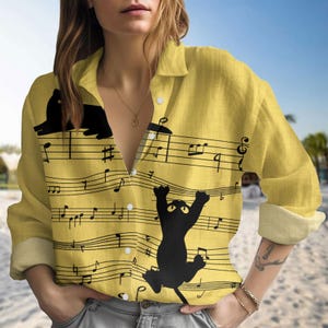 Cat With Music Note Blouse Shirt, Music Cat Lover, Cat Playing Guitar ...
