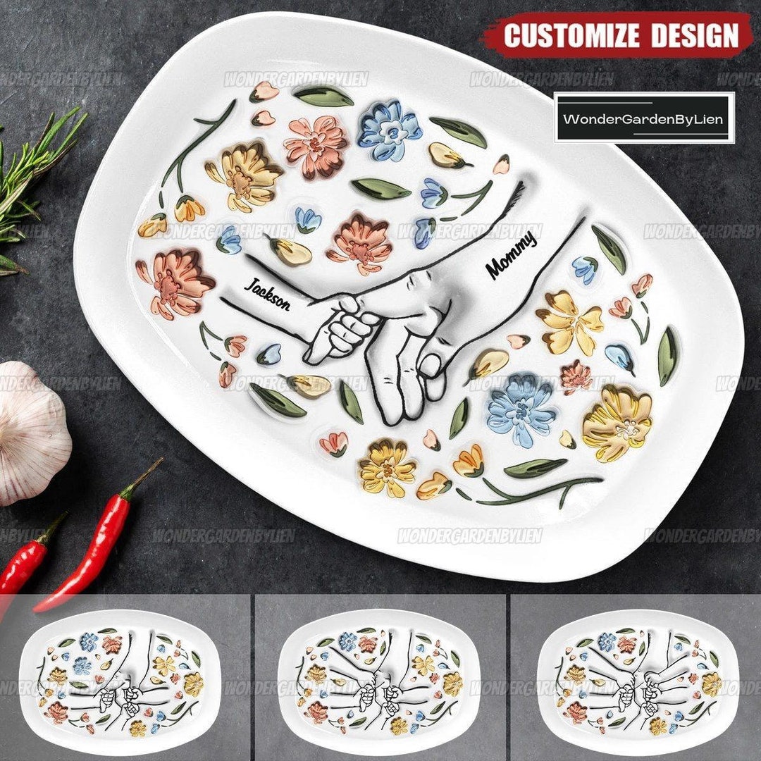 Holding Moms Hand Plate, 3D Inflated Effect Personalized Plater, Flower ...