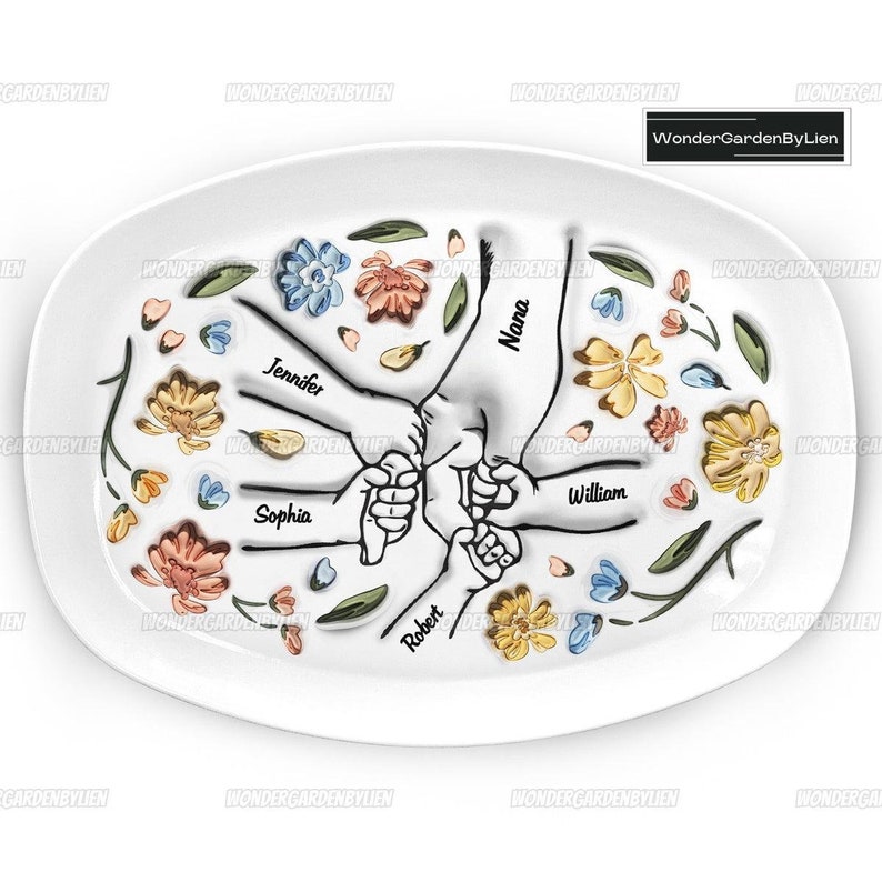 Holding Moms Hand Plate, 3D Inflated Effect Personalized Plater, Flower ...