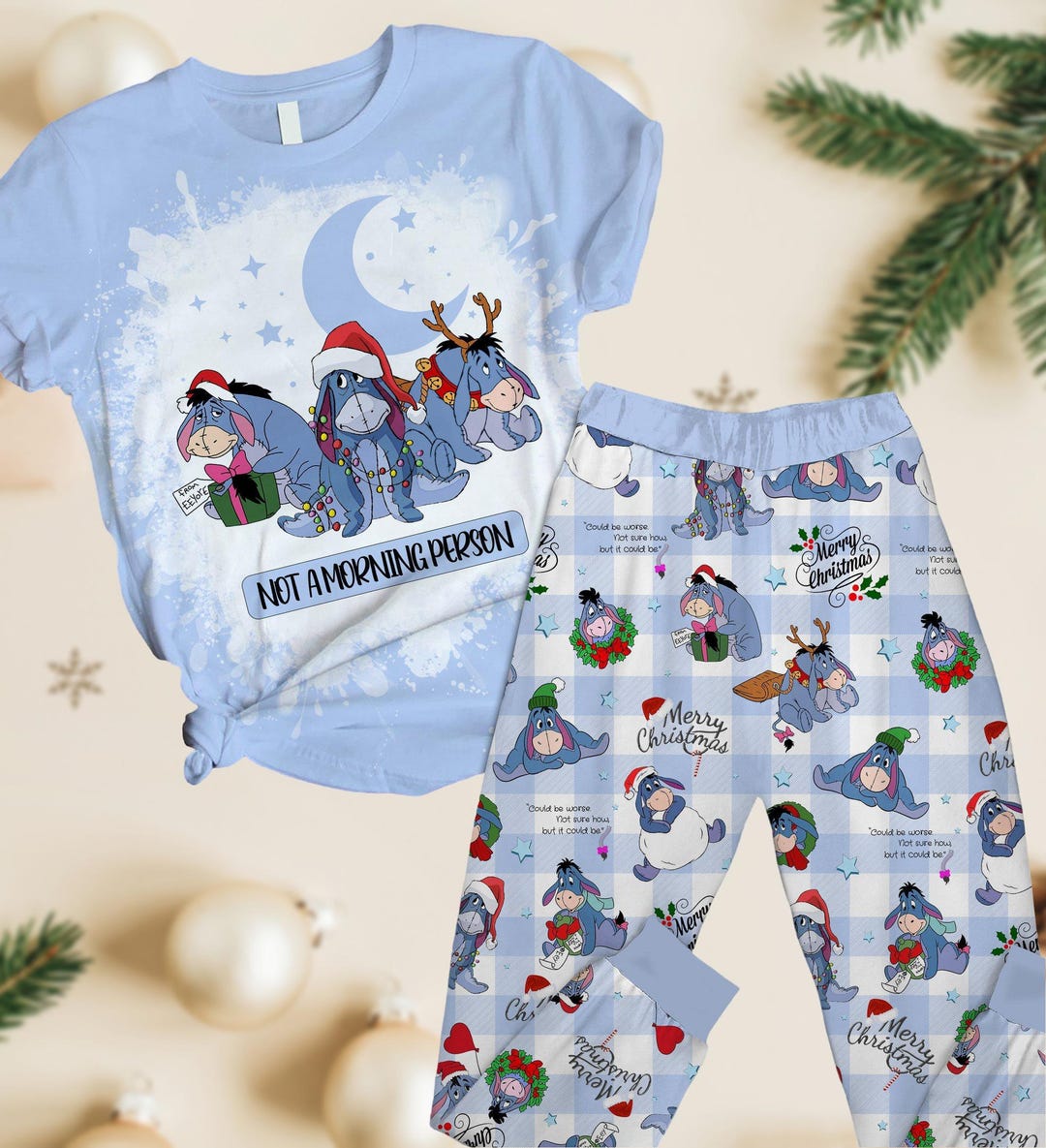 Eeyore Christmas T-shirt Pants Set, Disney Cartoon Santa Pajamas Set ...