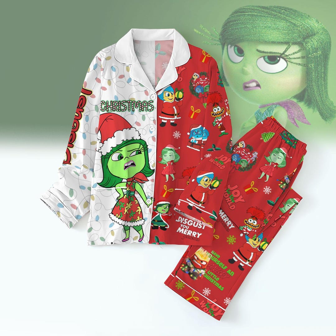 Disgust Inside Out 2 Christmas Pajamas, Disgust Santa Hat Pajamas Pant ...