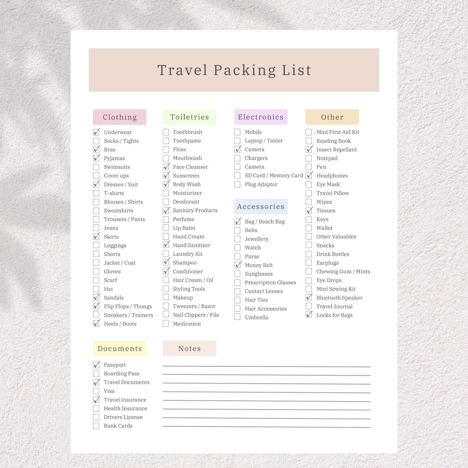 Travel Checklist, Printable Travel Packing List, Travel Essentials ...