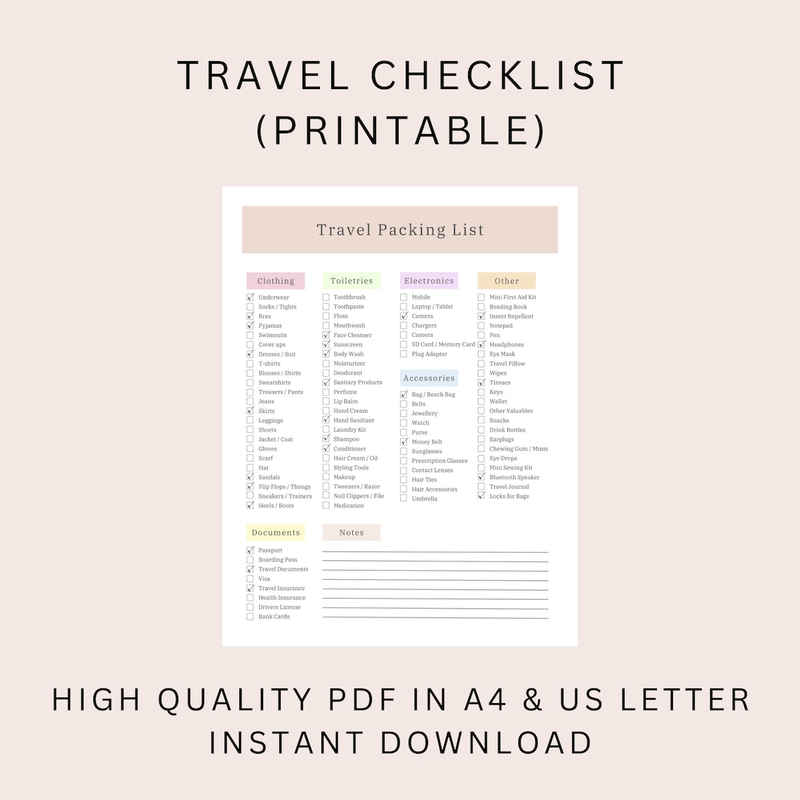 Travel Checklist, Printable Travel Packing List, Travel Essentials ...