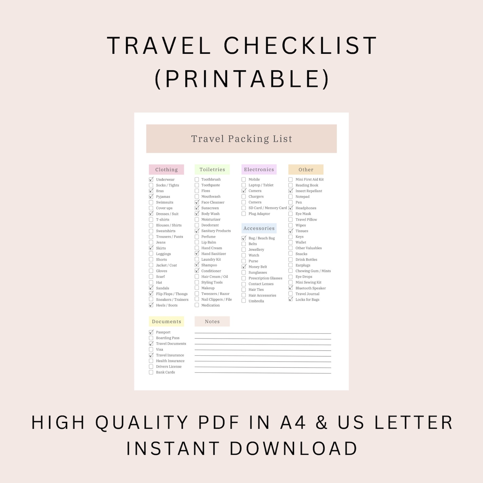 Travel Checklist, Printable Travel Packing List, Travel Essentials ...