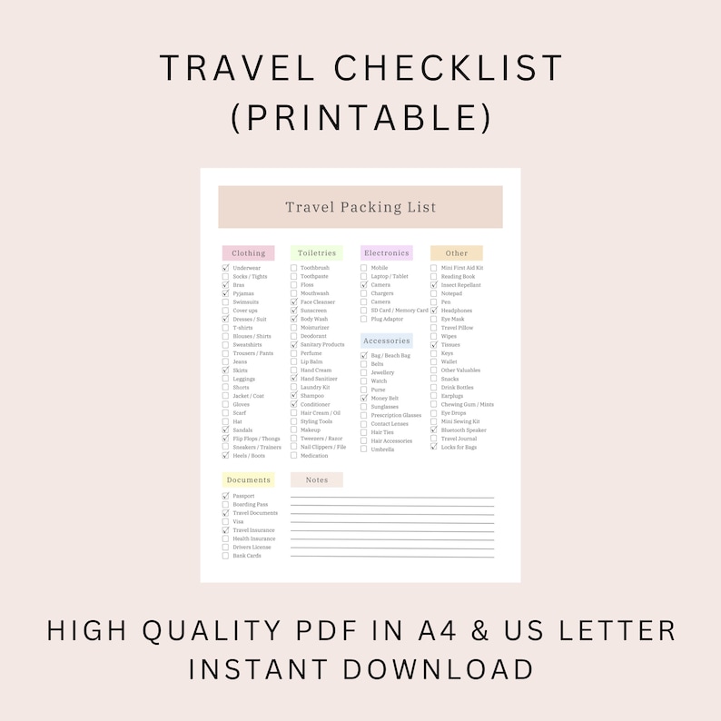 Travel Checklist, Printable Travel Packing List, Travel Essentials ...