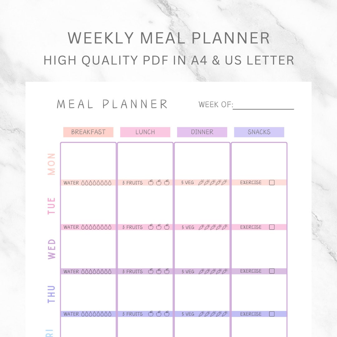 Weekly Meal Planner, Food Prep, 7 Day Menu Plan, Water Intake, Health ...