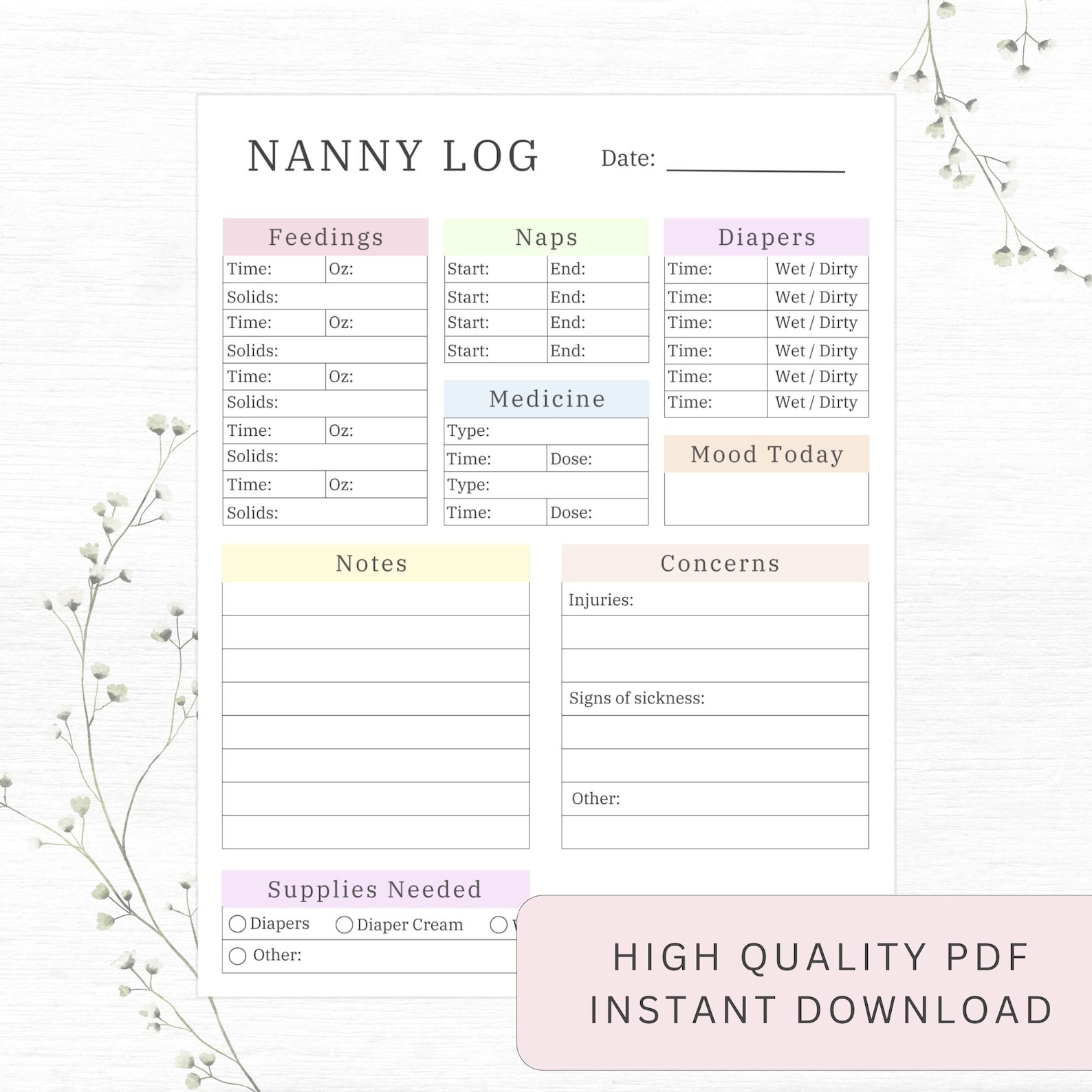 Nanny Log, Printable Nanny Log, Daily Baby Log, Baby Care Tracker ...