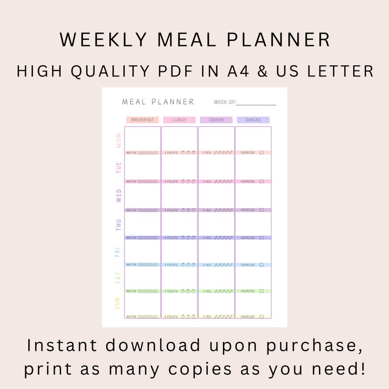 Weekly Meal Planner, Food Prep, 7 Day Menu Plan, Water Intake, Health ...