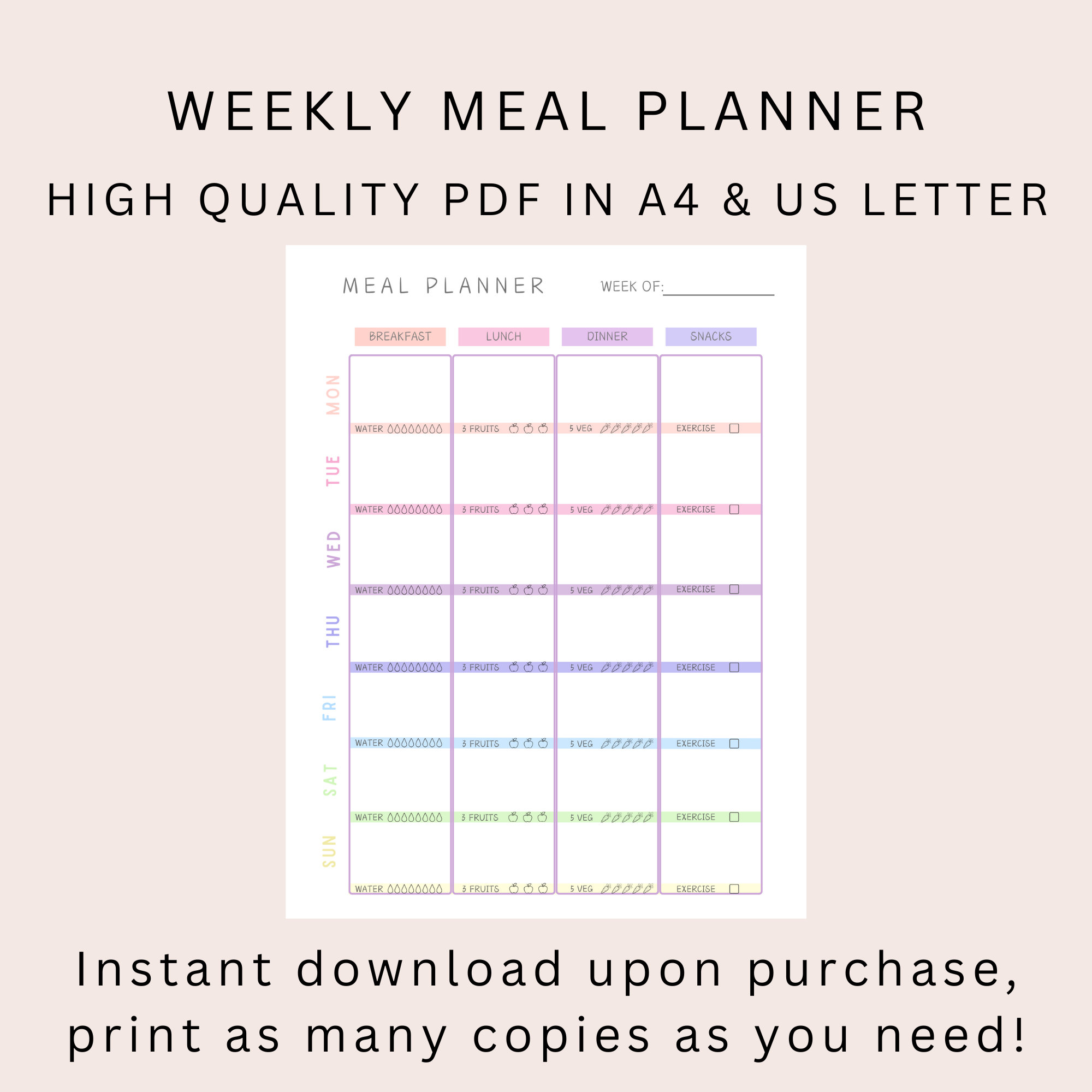 Weekly Meal Planner, Food Prep, 7 Day Menu Plan, Water Intake, Health ...