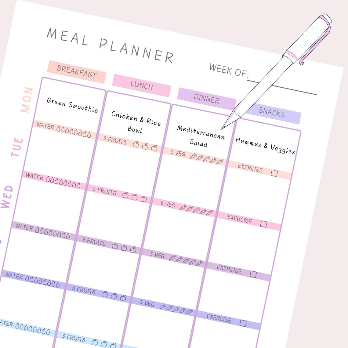 Weekly Meal Planner, Food Prep, 7 Day Menu Plan, Water Intake, Health ...