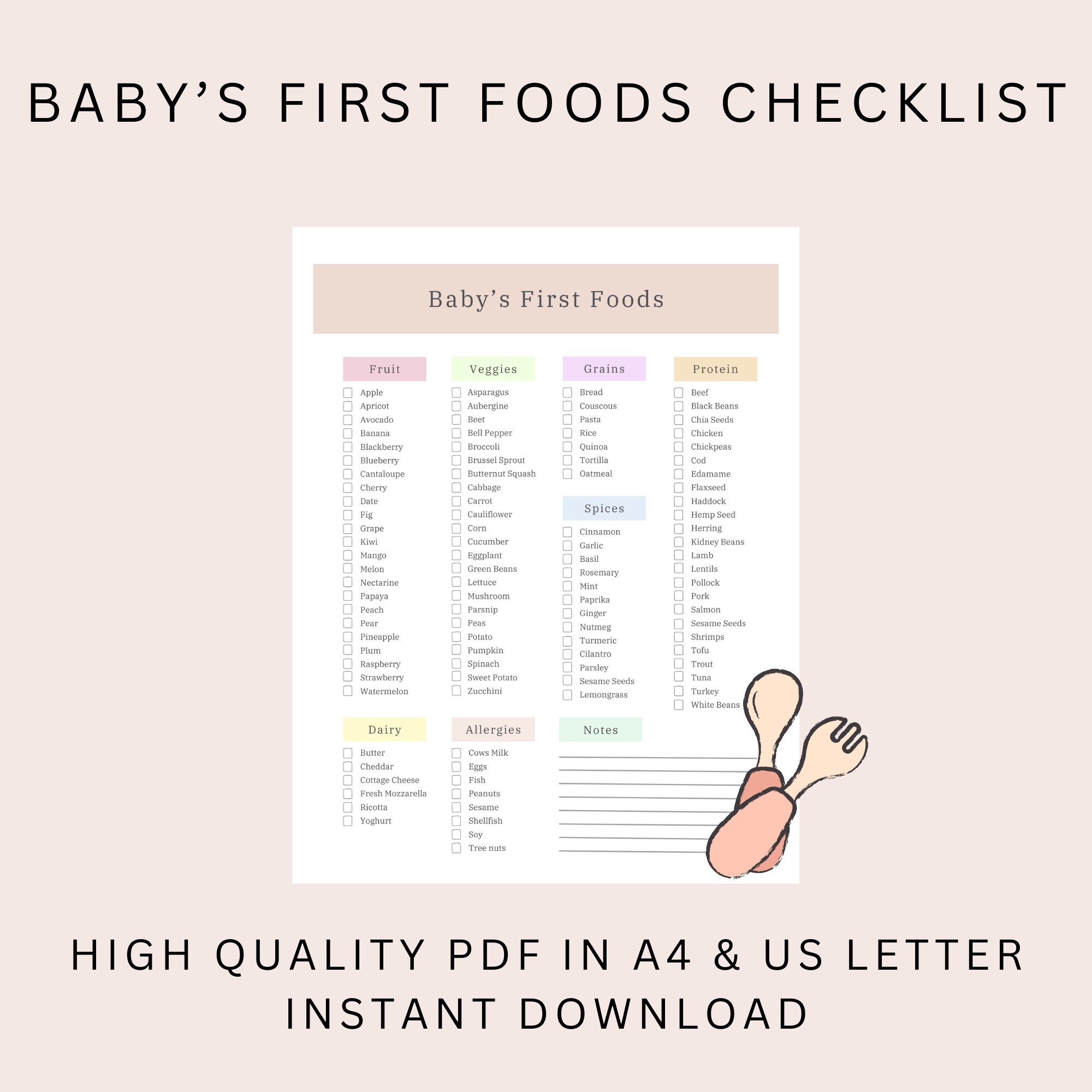 Baby's First Foods Checklist, Baby Food Tracker Printable, Solids ...