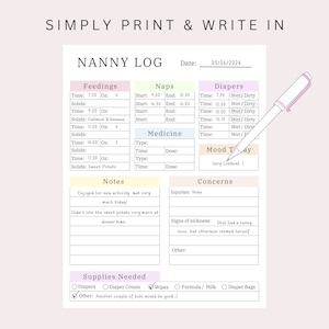 Nanny Log, Printable Nanny Log, Daily Baby Log, Baby Care Tracker ...