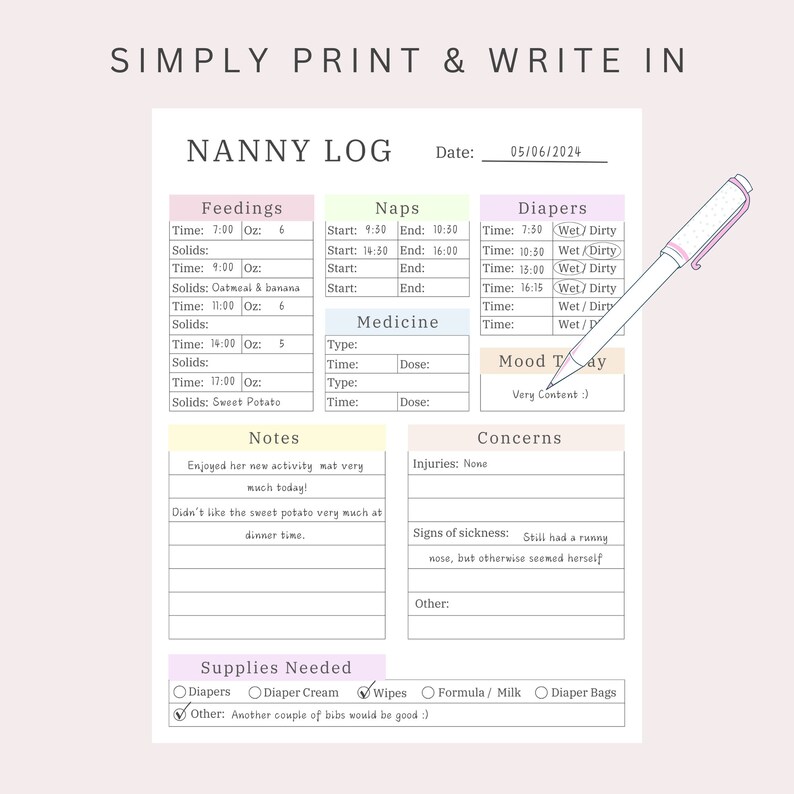 Nanny Log, Printable Nanny Log, Daily Baby Log, Baby Care Tracker ...