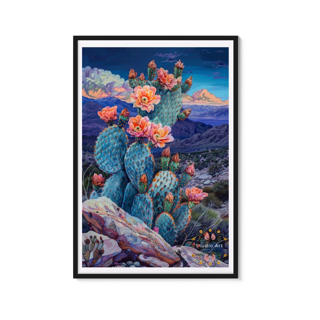 Cactus in Bloom Under Desert Twilight Sky - Etsy