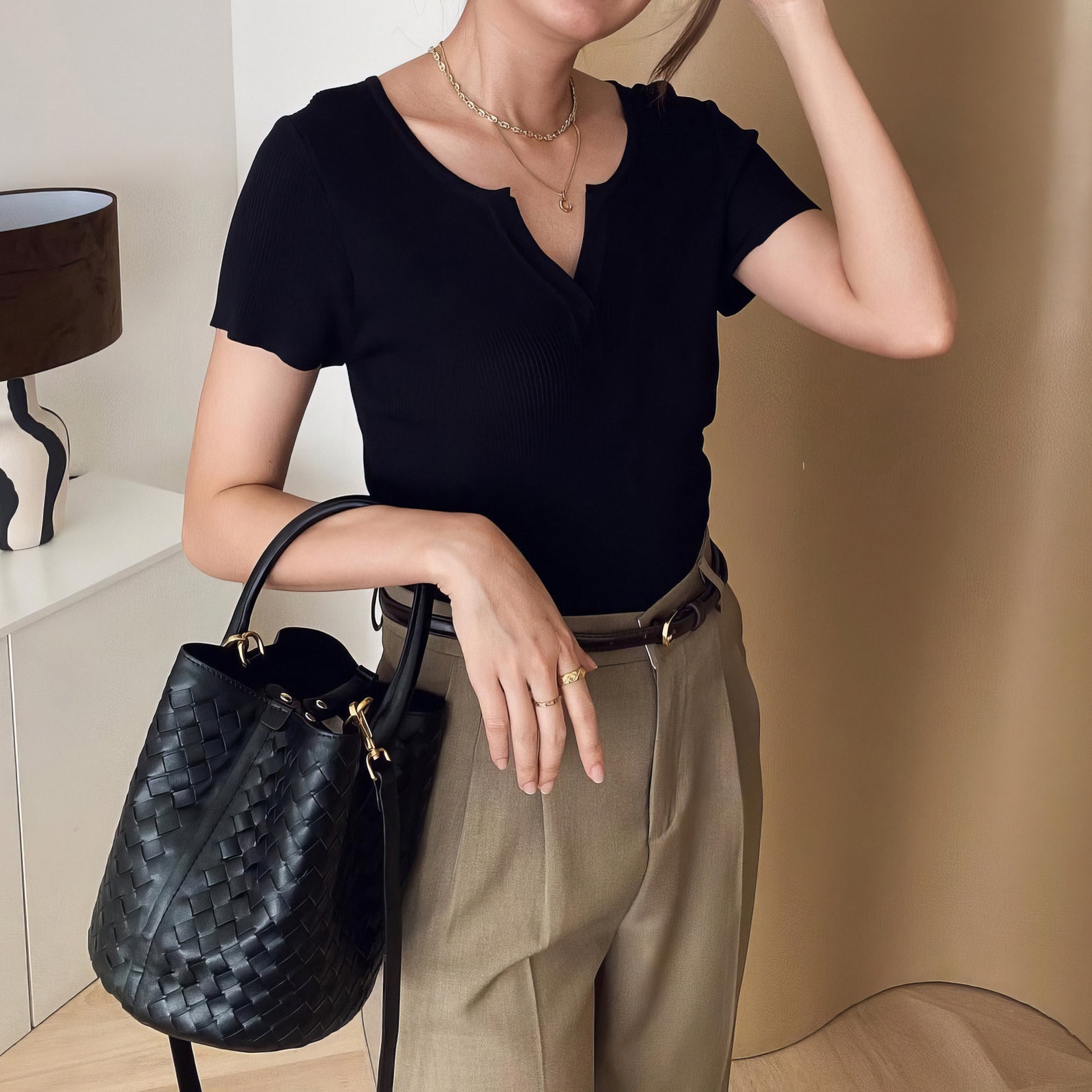 Woven Leather Tote Bag, Lambskin Leather Shoulder Bag, Classic Bucket ...