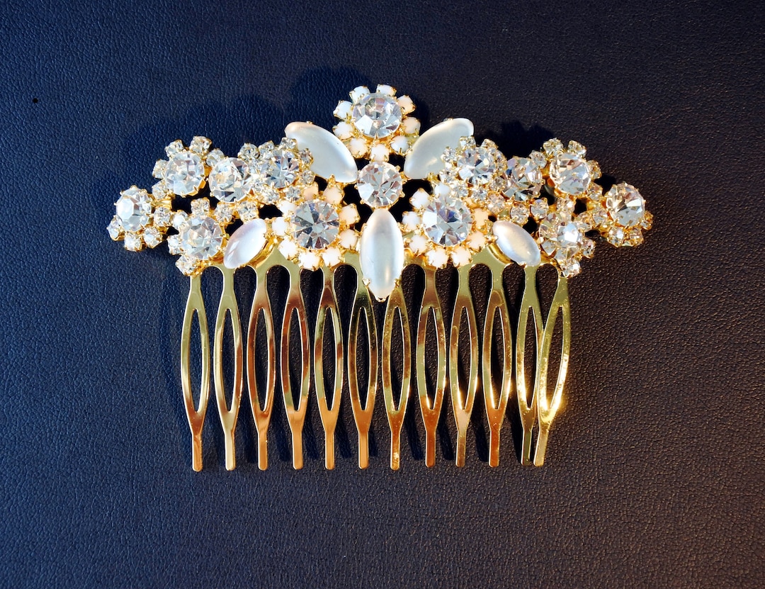 Art Nouveau Gold Plated Hair Comb, Bridal Hair Comb, Vintage Rhinestone ...