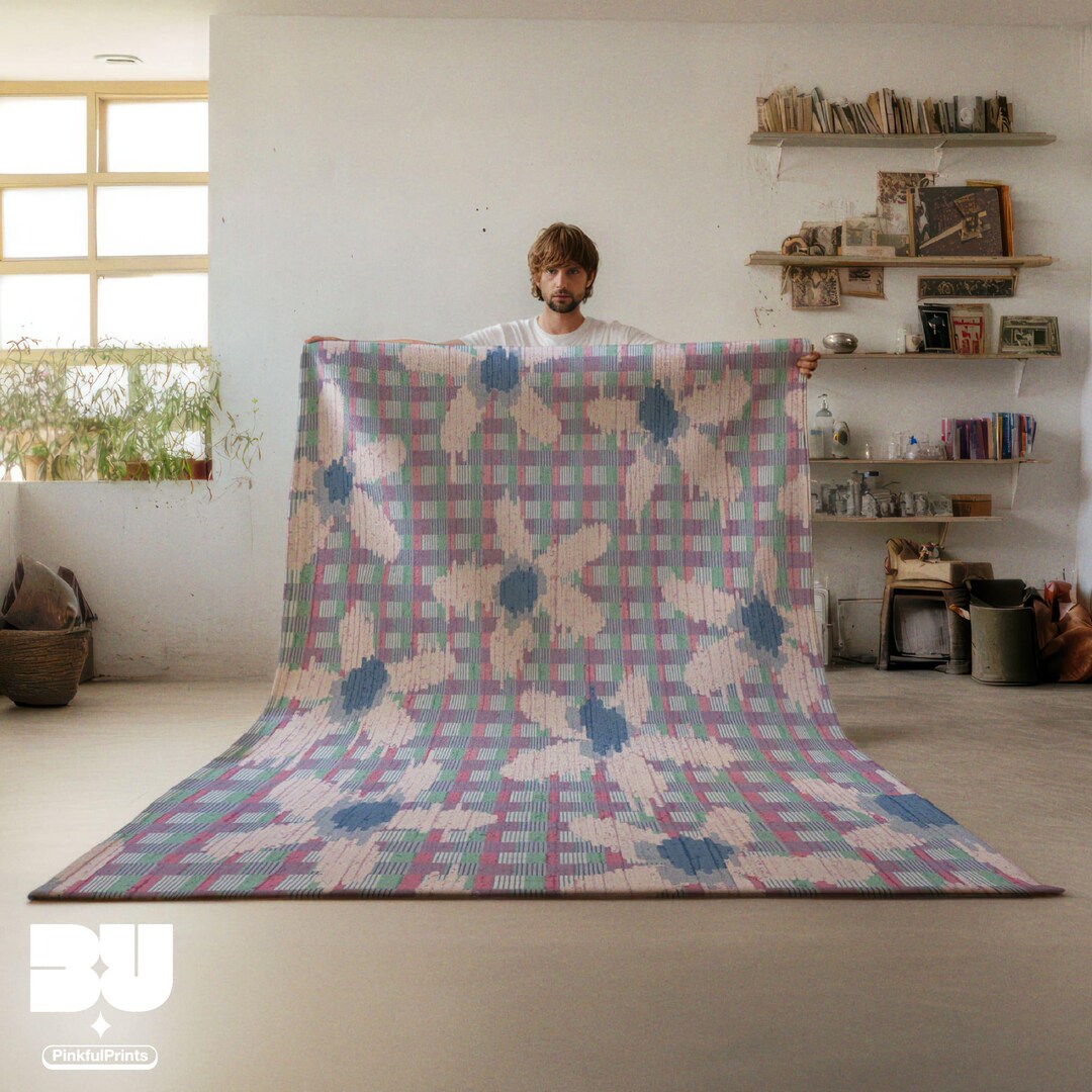 Dopamine Pastel Purple Checkered Floral Area Rug: Eclectic Home Decor ...